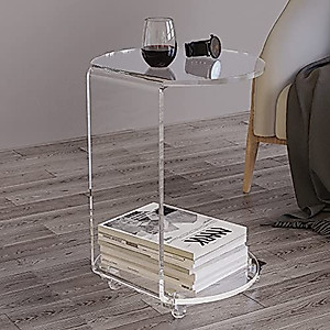ONELUX C-Shaped Round Acrylic Side Sofa Table on Wheels,Clear Rolling Decoration Table for Living Room or Bedroom