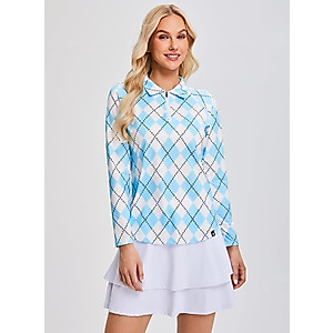 Women Long Sleeve Moisture Wicking Sport Golf Polo Shirt Tops（Blue Plaid,S