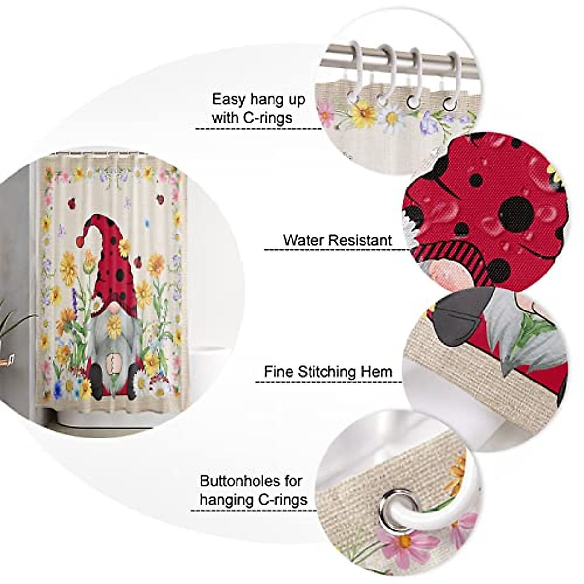 BULING 4Pcs Shower Curtain Set with Rugs,Farmhouse Ladybug Gnome with Daisy Sunflower Spring Summer Pattern Shower Curtain with 12 Hooks, Bath Mat, Toilet Lid Rug and Non-Slip U Shape Mat Accessories