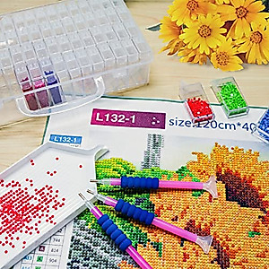 MESTOP 5D Diamond Painting Storage Containers Diamond Art Accessories Beads Storage Box with Funnel Plate 140pcs Label Stickers for Seeds DIY Art Crafts (64 Grids)