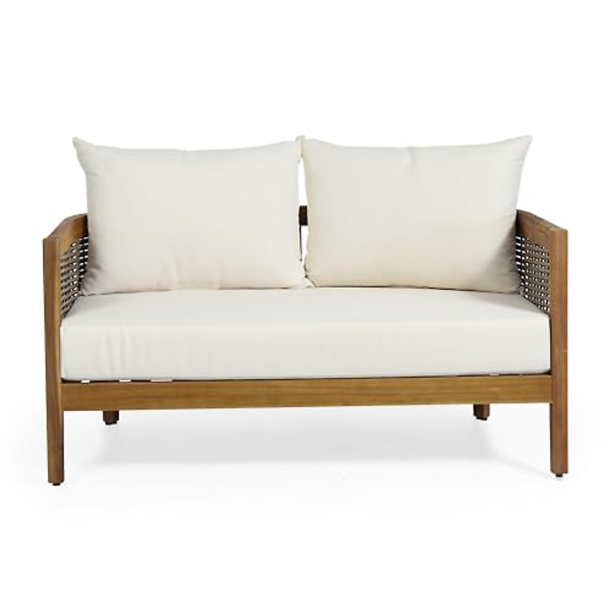 Merax Outdoor Acacia Wood Wicker Conversation Set 2 Seater with Loveseat and Coffetable for Backyard