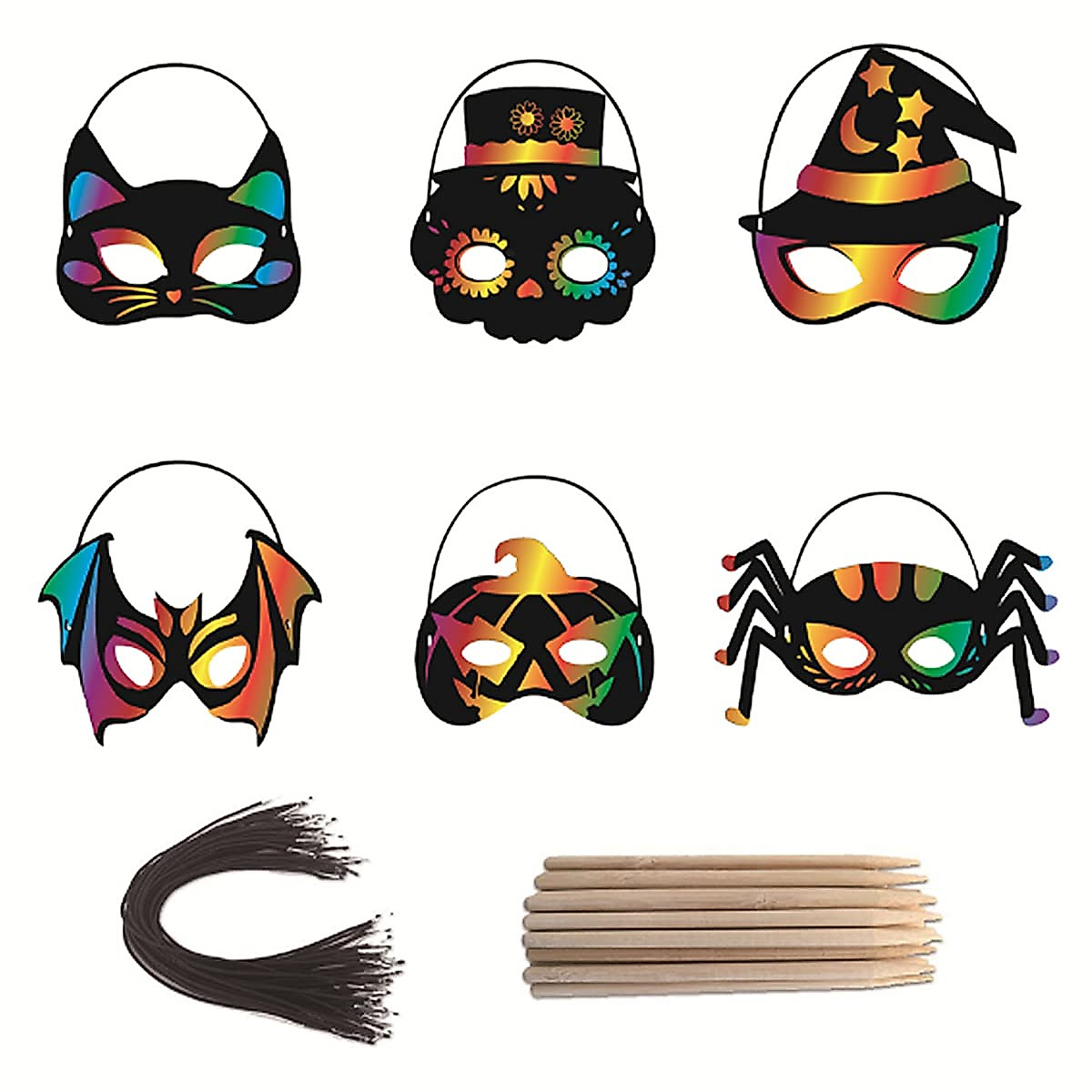 Fantasyon 36Pcs Halloween Scratch Paper Masks, Rainbow Scratch Paper Halloween Mask Craft Kit Skeleton Cat Witch Pumpkin Bat Mask Decorations for Animal Birthday Party Halloween Dress-Up DIY Gift