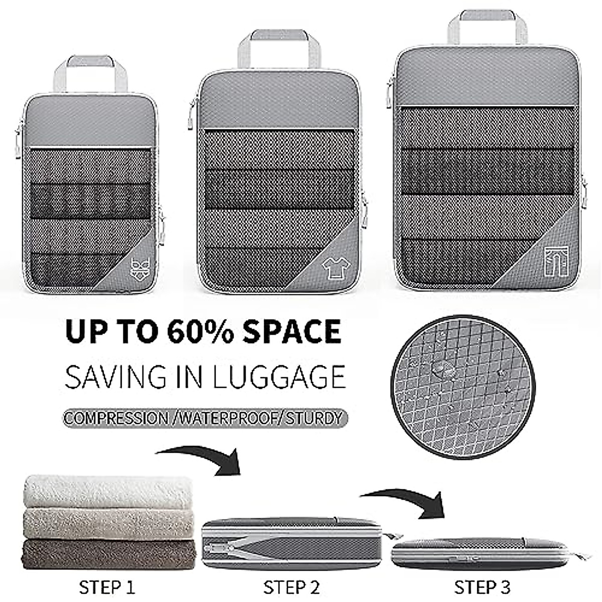 Compression Packing Cubes for Suitcases, VIKASI 6 Set of Travel Luggage Packing Organizers, Suitcase Organizer Bags Set for Expandable Packing Organizers Travel Accessories (Gray)