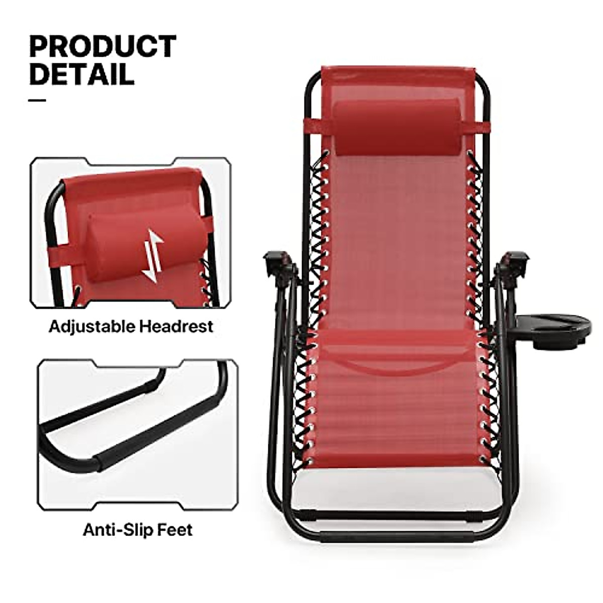 MoNiBloom 3PCS Leisure Chairs Table Set Outdoor Furniture Zero Gravity Chairs Recliner Adjustable Folding Lounger for Pool Patio Camping Yard Beach Vacation, 330lbs Capacity, Maroon