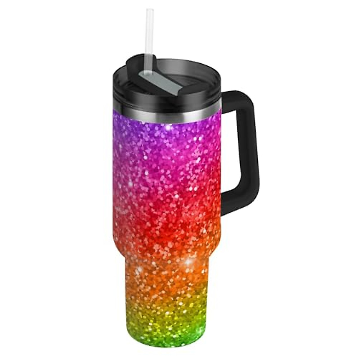 Yasala Car Tumbler with Handle Rainbow Glitter Shine Travel Mug Coffee Cup Insulated Beverage Container Mega Cup for Hot Cold Drinking Thermos Water Bottle Cupholder Friendly 40 oz