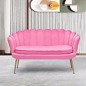 Magshion 52in Tufted Velvet Loveseat with 2 Pillows Living Room Chair Modern Scalloped Back Accent Velvet Upholestered Armchair with Golden Metal Legs, Back Cushion Padded Sofa, Pink