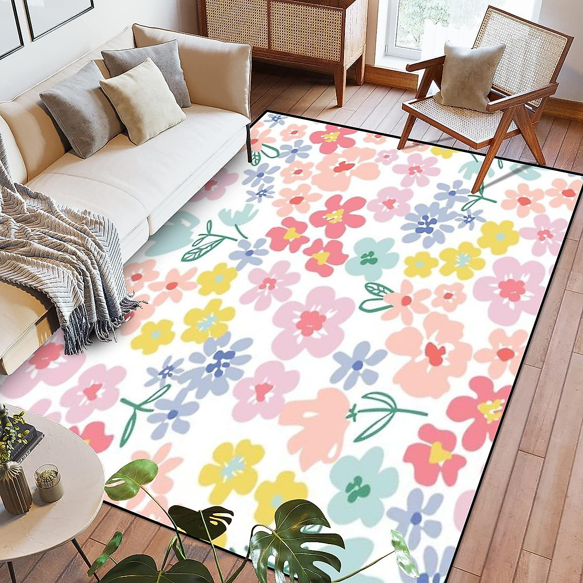Area Rug Pattern Floral Flower Seamless Print Baby Daisy Repeat Pink Trendy Washable 6x9 feet Large Rugs for Bedroom Kitchen Living Room Non Slip Outdoor Carpets Soft Mats for Home Playroom Decor