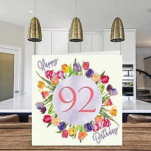 Beautiful 92nd Birthday Cards for Women - Watercolour Tulips Flowers Bouquet - Happy Birthday Card for Her Great Grandma Nanny Gran Birthday Gifts, 5.7 x 5.7 Inch Lovely Floral Greeting Cards Gift