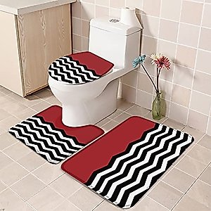 3 Piece Set Bathroom Rugs for, Red Black and White Chevron Bath Mat Non-Slip Memory Foam U-Shape Contour Rug Toilet Lid Cover, Washable Absorbent Bath Rugs for Tub Shower 18"x30"+14"x 18"+15"x 18"