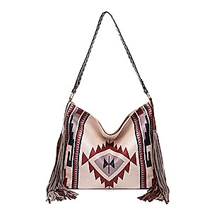 Canvas Tote Bags for Women Handbag Tote Purse with Zipper Ladies Ethnic Travel Tassel Hobo and Shoulder Handbags (PG09-Beige)