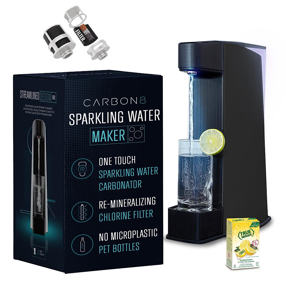Carbon8 Sparkling Water Maker Machine - Home Soda Streaming Machine, Screw-In CO2 Carbonator, Countertop Water Mineralizer, Seltzer Soda Maker Machine Dispenser - CO2 Cylinder Not Included - Black