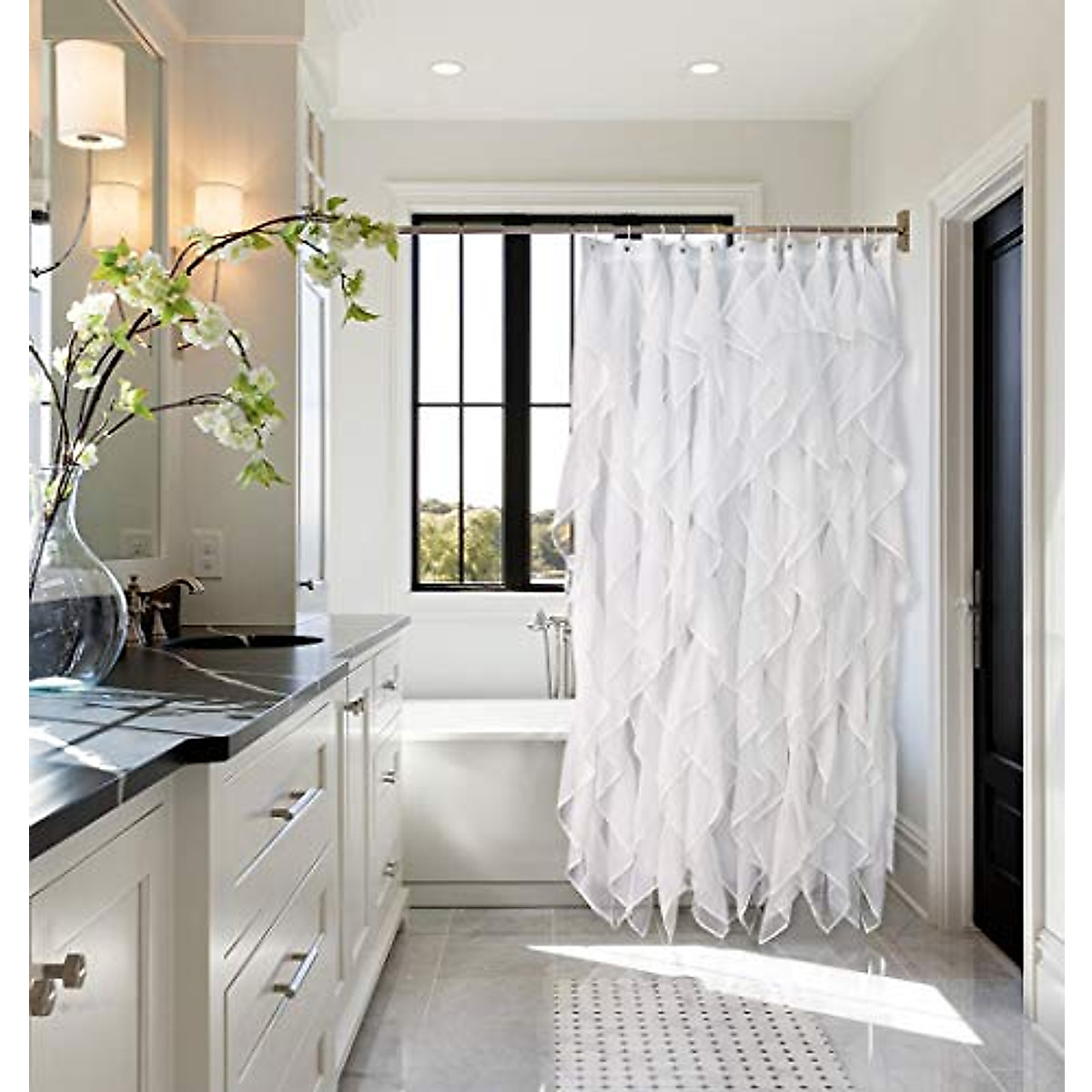 REISEN White Ruffle Shower Curtain Fabric/Cloth Farmhouse Bathroom Sheer Shower Curtain, 70in Long