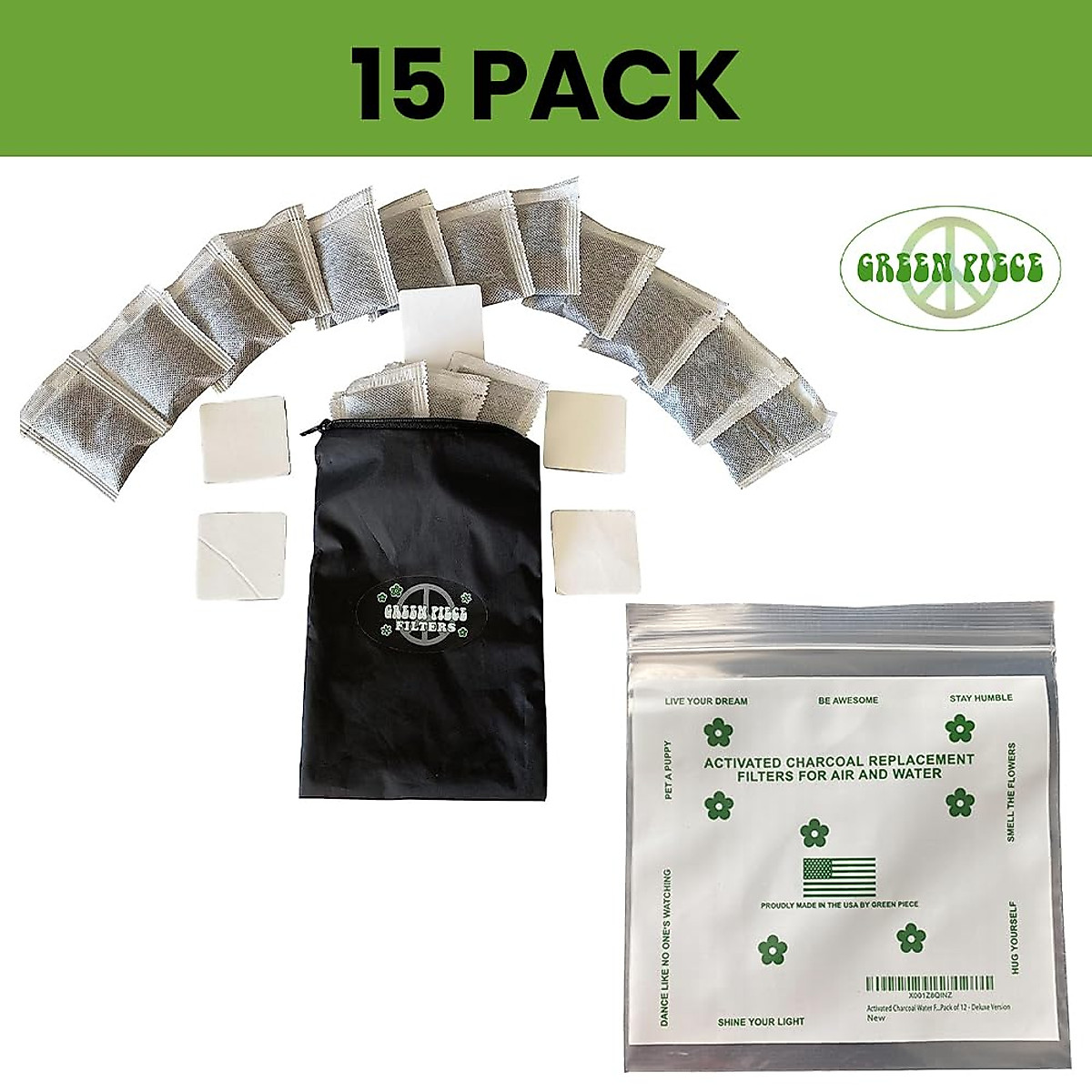 Green Piece® Pack of All Natural Baby Diaper Pail Deodorizer Activated Charcoal Air Purifier (15 Pack of Carbon Filters)