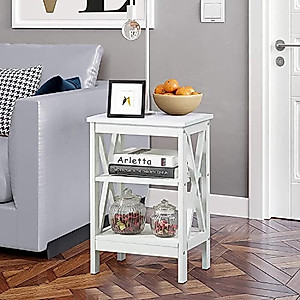 VECELO End Side Table with Storage Shelf Living Room,Bedroom Furniture, White, Nightstand with Shelves