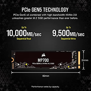 Corsair MP700 1TB PCIe Gen5 x4 NVMe 2.0 M.2 SSD – High-Density TLC NAND – Aluminum Heatsink – M.2 2280 – DirectStorage Compatible – Up to 10,000MB/sec – PCIe Gen4 & Gen3 Backwards Compatible – Black