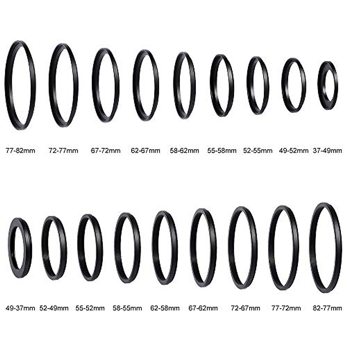 K&F Concept 18 Pieces Filter Ring Adapter Set, Camera Lens Filter Metal Stepping Rings Kit (Includes 9pcs Step Up Ring Set + 9pcs Step Down Ring Set) Black