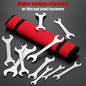 RIMKOLO Super-Thin Open End Wrench Set, 16-Piece SAE & Metric 3/8" to 1-1/4" and 5.5mm to 27mm Chrome Vanadium Steel Wrench Set with Rolling Pouch