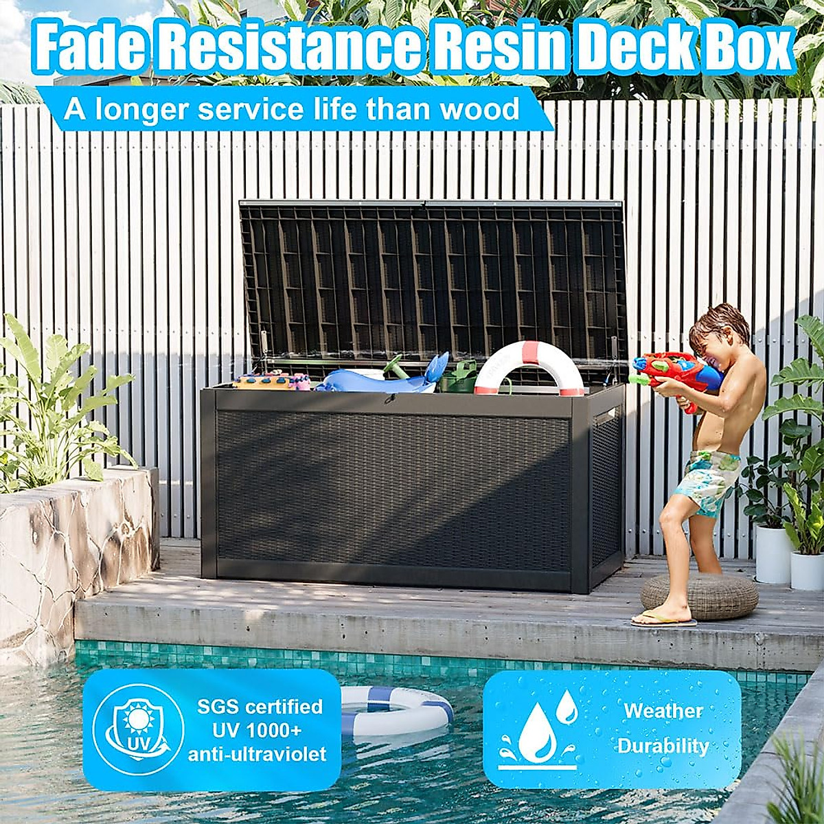 HOYOC Outdoor Storage Container 260 Gallon Resin Deck Box Large Outdoor Storage with Lockable for Outdoor Pillows, Garden Tools and Pool-Supplies, Waterproof (Black)