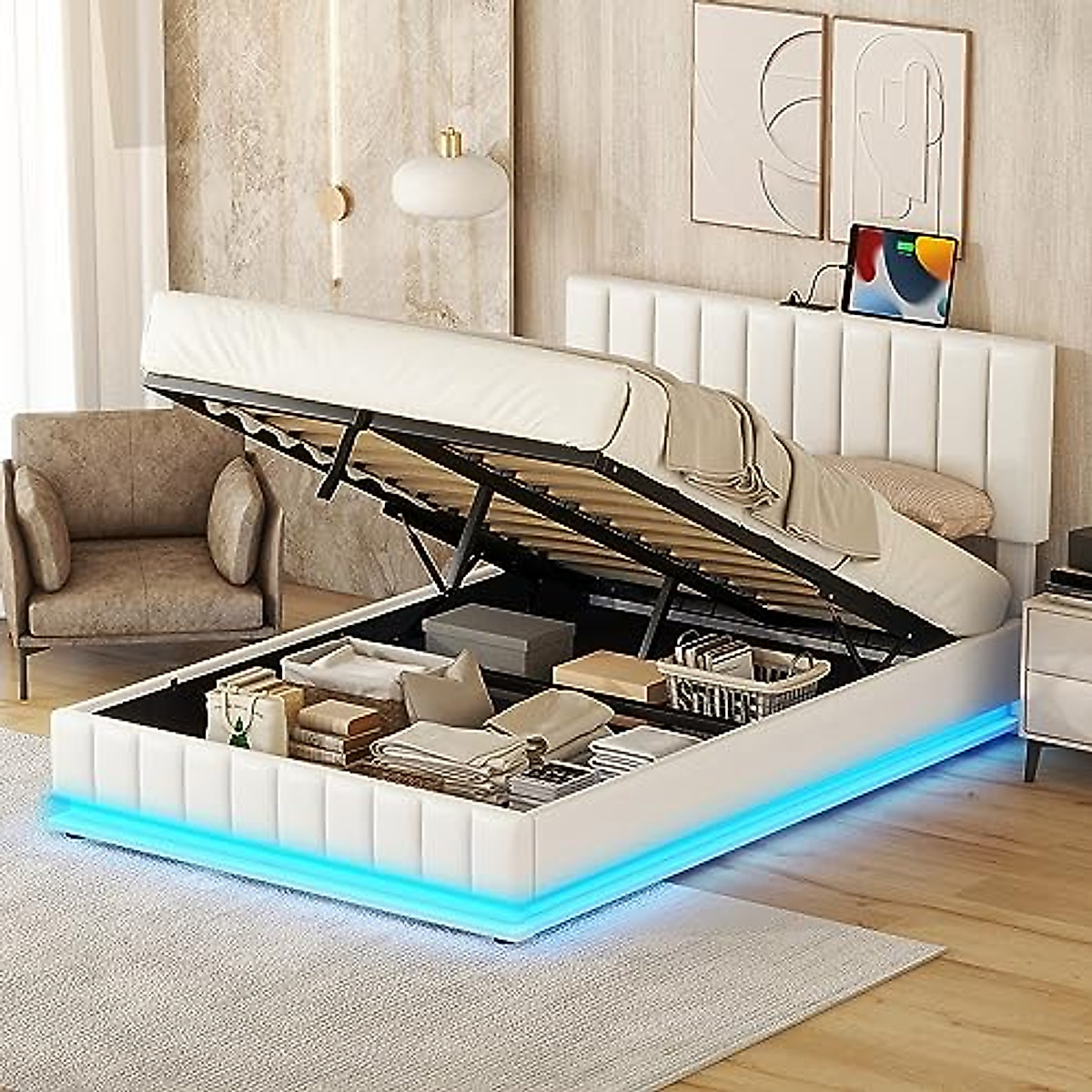CKLMMC Modern Upholstered Platform Bed with Hydraulic Storage System,Full Size PU Storage Bed with LED Lights and USB Charger for Kids Teens Adults (White/PU-K)