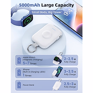 RORRY Portable Apple Watch Charger,5000mAh iWatch Wireless Charger Power Bank with Built-in Cable,Travel Keychain Charger for Apple Watch 9/Ultra2/8/Ultra/7/6/Se/5/4/3,iPhone 15/14/13/12/11 (White)