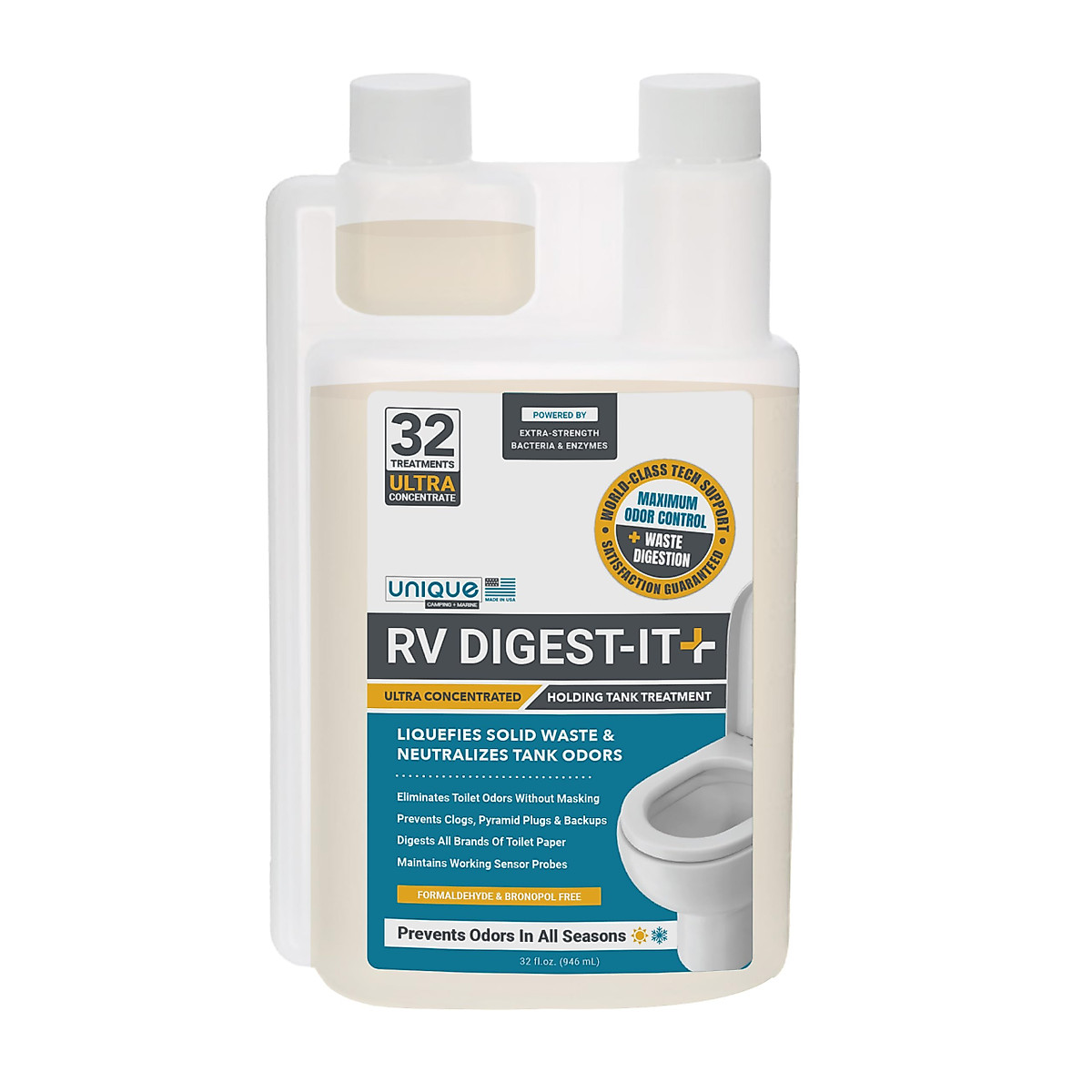 Unique RV Digest-It+ Extra-Strength Ultra-Concentrate - 32 RV Toilet Treatments - Eliminates Smells and Liquifies Waste (32 oz)