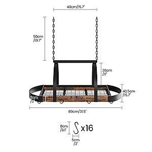 CHOEZON Hanging Pot Rack, Pot Hanger for Kitchen, Ceiling Mounted Pot Holder, Cookware Organizer with 12 S-Shaped Hooks, for Pot, Pan Storage, Space Saver, Rustic Brown and Black TPR08BF