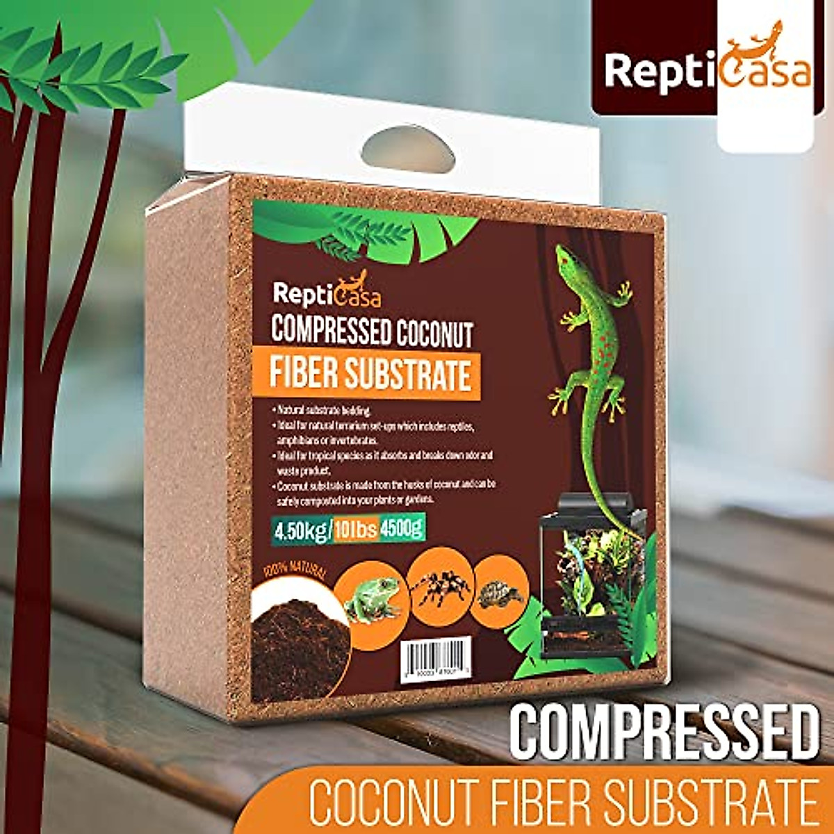 ReptiCasa Compressed Coconut Fiber Substrate, 10 lb. Block, Natural Husk Terrarium Bedding, Reptiles, Frogs, Snakes, or Tortoise, Odor and Waste Absorbent Compostable, Organic with High Expansion