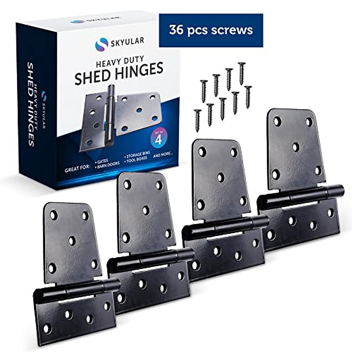 Heavy Duty Hinges for Gates (4 Pack) – Black Iron Tee Strap Black Door Hinges w/ 36 Stainless Steel Screws – Sturdy, Easy to Install Fence Gate Kit for Outdoor, Indoor - Self Closing Gate Hinges