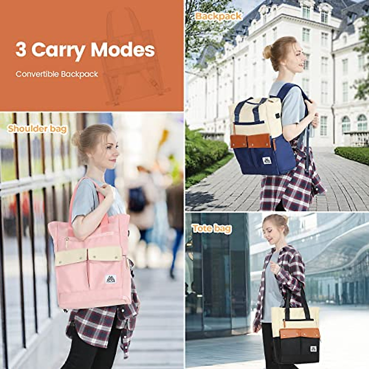 Womens Convertible Laptop Tote Backpack with Removable Lunch Bag and USB Port, Stylish College Laptop Backpacks, Lightweight High School Book Bag for Students, Teachers, Nurses ( Black )