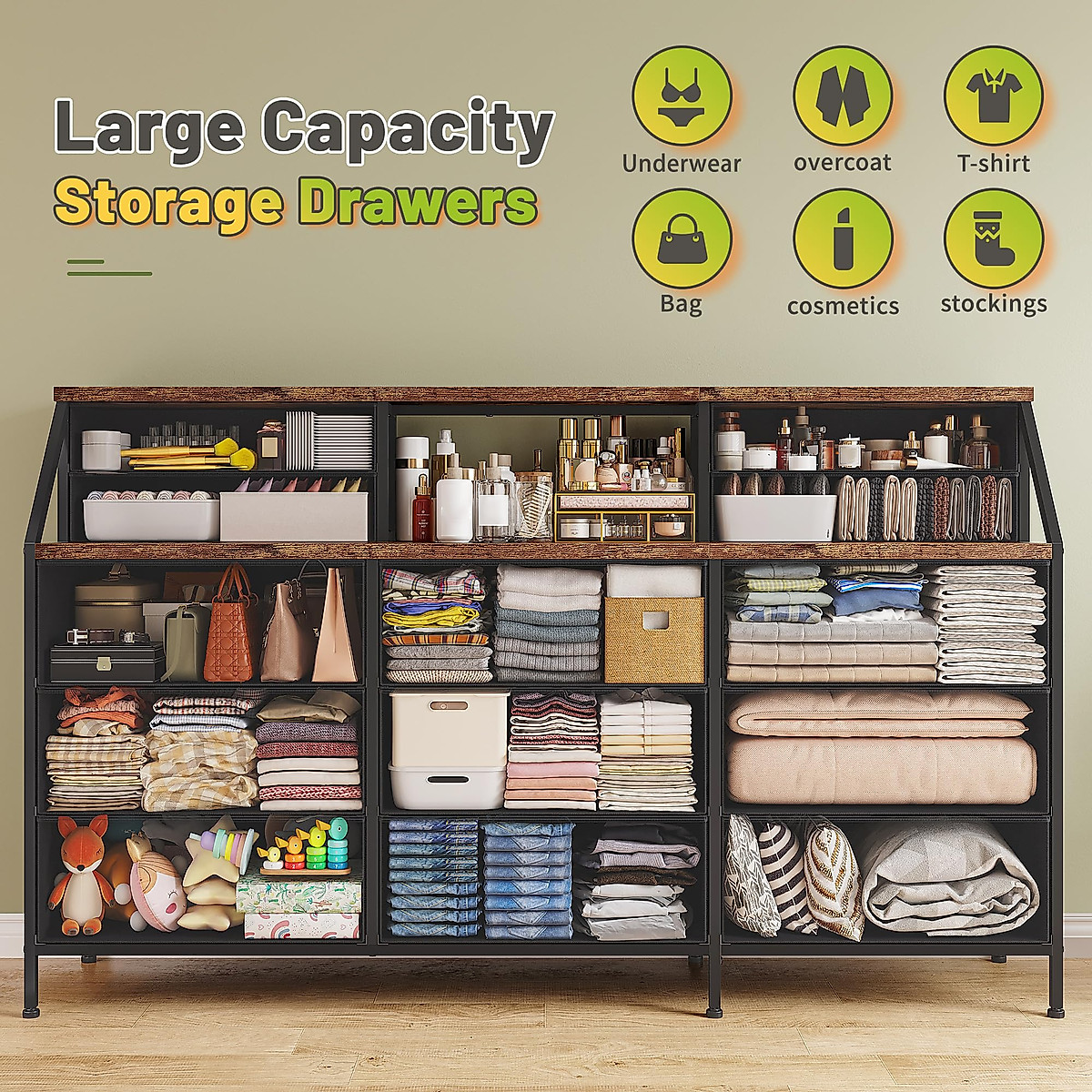 EnHomee 55”W Dresser for Bedroom, Dresser with 13 Large Drawer, Dressers & Chests of Drawers, Dressers with 2 Shelves, Bedroom Dresser, Long Dresser for Closet, Wooden Top Metal Frame Rustic Brown