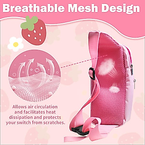 THRCIFLO Cute Pink Strawberry Travel Carrying Bag for Nintendo Switch/OLED/Lite Shoulder Bag Storage Backpack for Switch Accessories, Portable Crossbody Sling Case for Girls