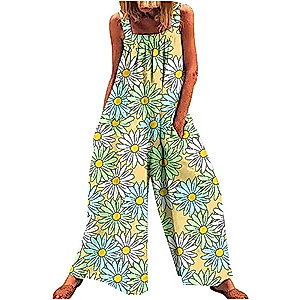 Bravetoshop Women Baggy Jumpsuit Boho Floral Printed Loose Overalls Wide Leg Pants Long Rompers with Pockets (Green,M)
