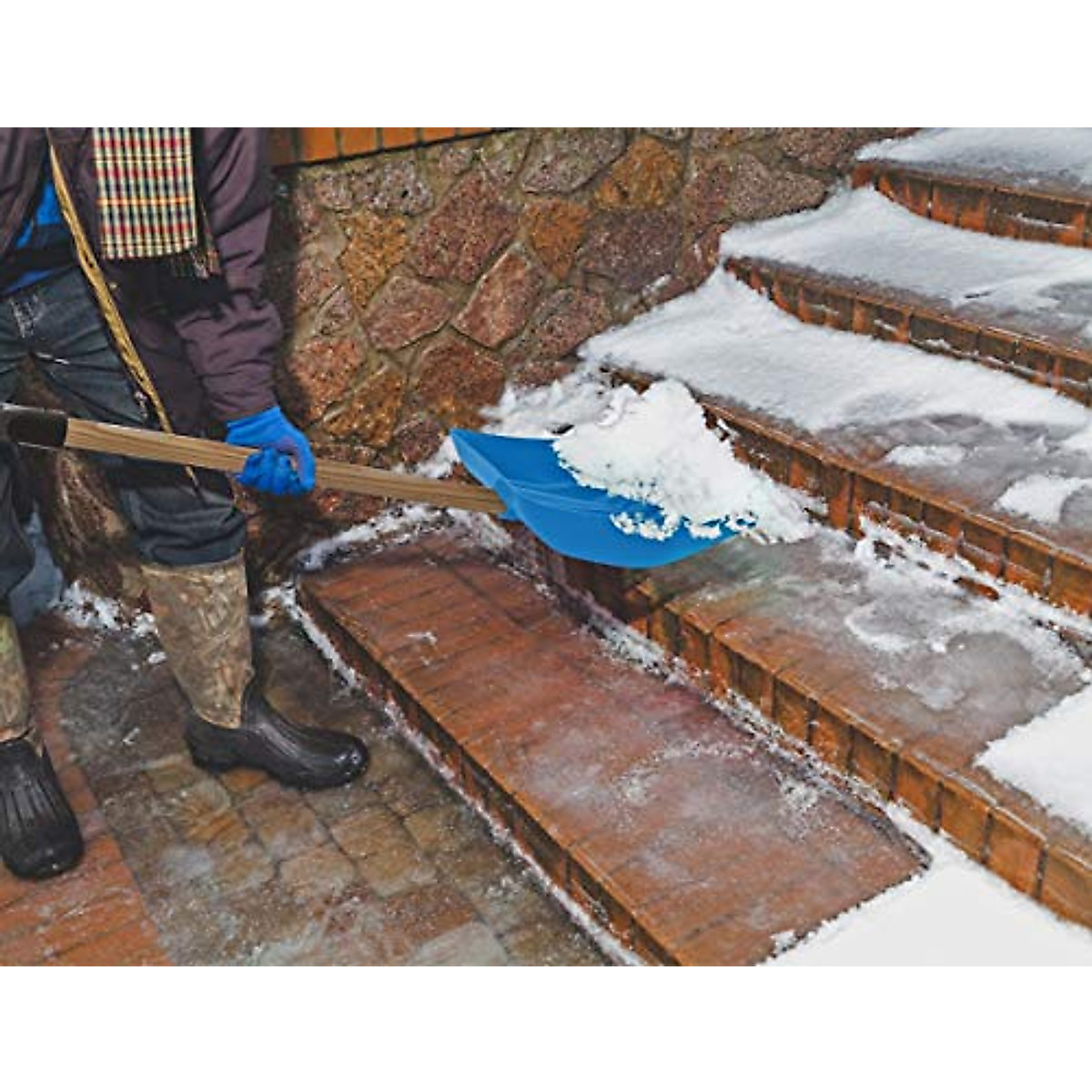 Superio Small Snow Shovel for Car Portable Snow Shovel for Driveway Snow Removal Compact Scooper Shovel Snow Pusher for Stairs 9" Heavy Duty Plastic Blade with Wood Handle 34" (2, Blue)