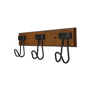 FantasHome 16" Wall Mounted Label Hook Rack with 3 Hooks, Walnut and Soft Iron Finish, for Entryway, Hallway, Bedroom, Bathroom, Walk-in Closet and More - Brown/Black