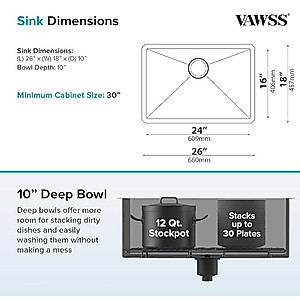 Undermount Kitchen Sink - VAWSS 26x18x10 Inch Kitchen Sink 16 Gauge Stainless Steel Single Bowl Sink with Strainer & Bottom Grid, Handmade Small Bar Sink, Undermount Kitchen Sink 26 inch