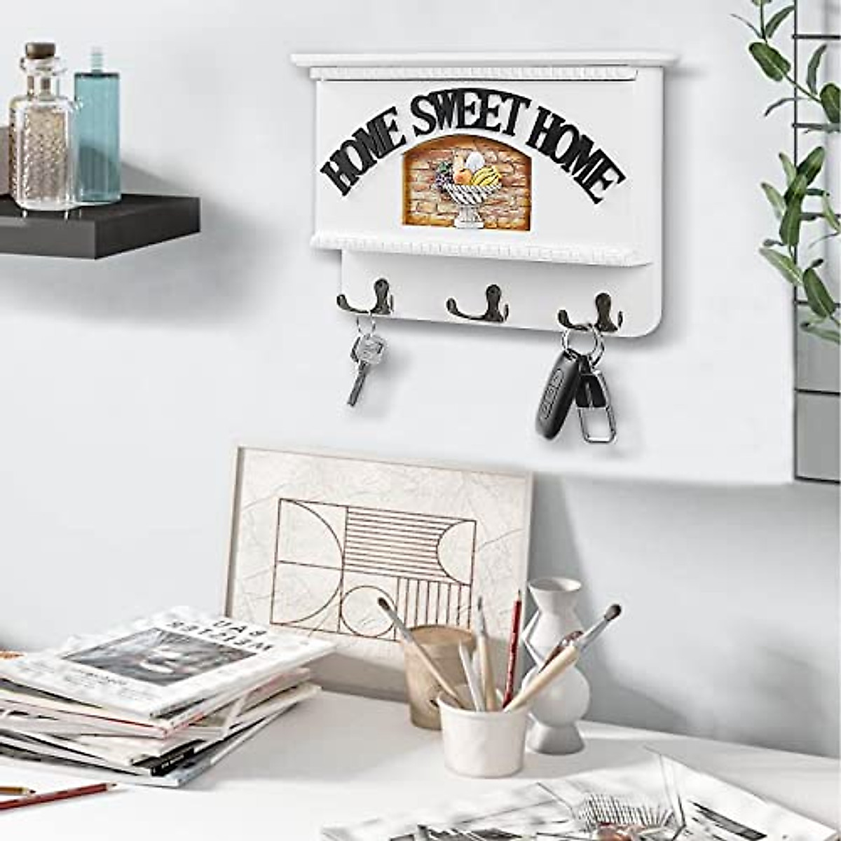 HRONRAD Farmhouse Key Holder for Wall Decorative, Home Sweet Home Decor, 3 Double Metal Key Hooks and 4 Hidden Push & Pull Cover Key Hangers, Rustic Wooden Wall Mounted Key Racks for Entryway (White)