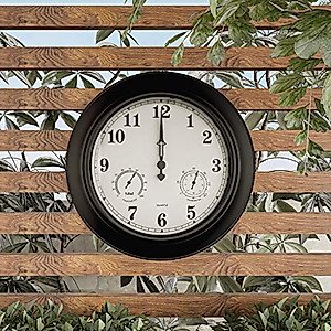 Pure Garden Thermometer 18" Metal Indoor/Outdoor Patio Wall Clock Black