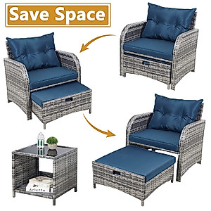FYRICKYLINOO 5 Pieces Wicker Outdoor Patio Chairs Set with Ottoman, All Weather PE Rattan Patio Conversation Furniture Set Outdoor Furniture Set with Hidden Ottoman for Poolside Garden Balcony, Blue
