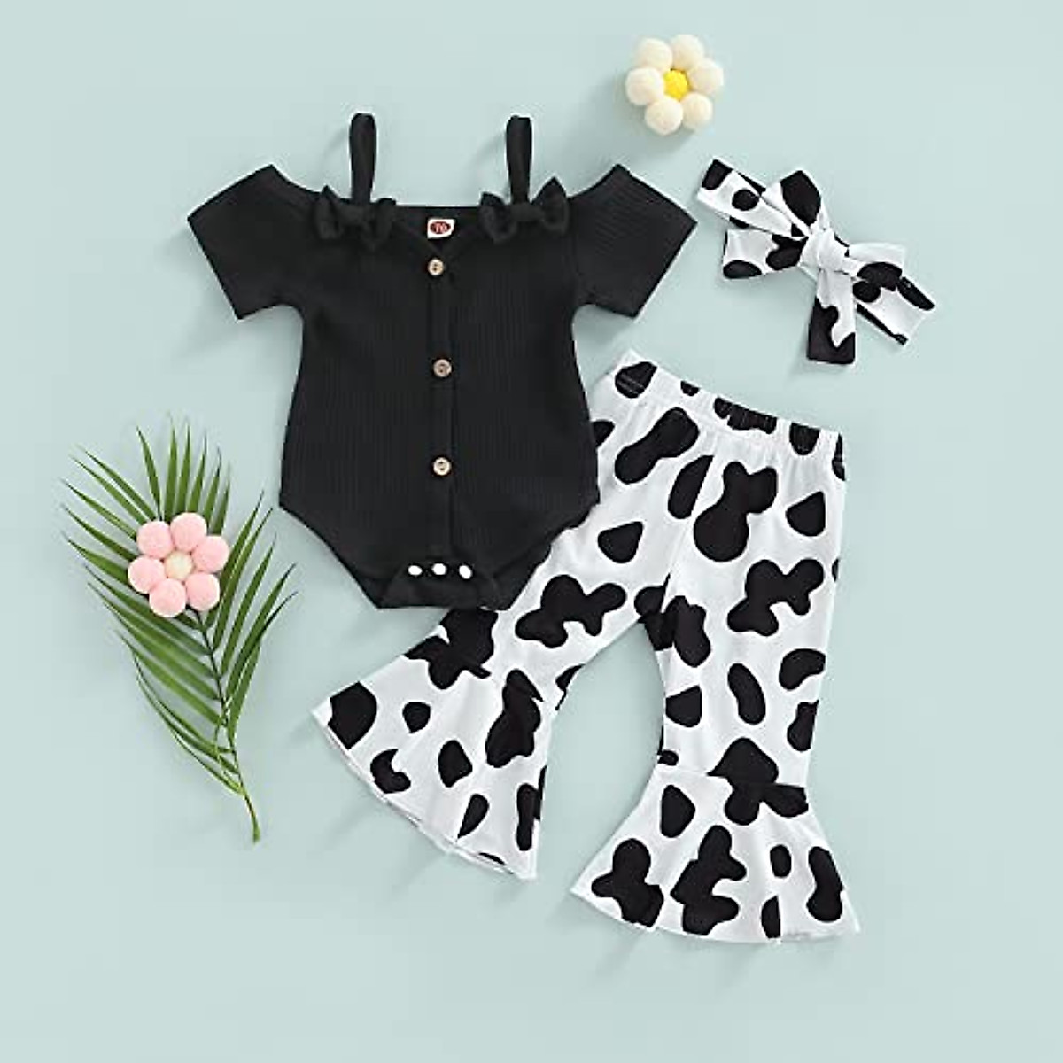 Xiaodriceee Newborn Baby Girl Summer Clothes Short Sleeve Ribbed Strao Romper Cow Bell Bottom Pants Headband 3Pcs Outfit (12-18 Months,Black)