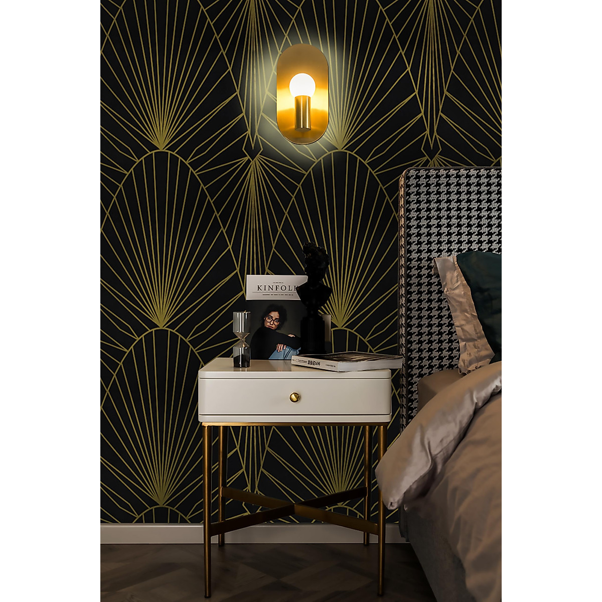 Yasinet Peel and Stick Wallpaper Black and Gold Wallpaper for Bathroom Removable Black Contact Paper Black Geometric Self Adhesive Wallpaper Decorative for Wall Cabinet 17.3”x118.7”