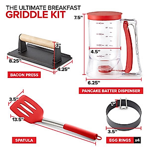 Modern Innovations Griddle Breakfast Kit Accessories - Pancake Batter Dispenser for Griddle, Cast Iron Grill Press for Bacon, 4 Egg Rings/Pancake Molds and Spatula, Compatible With Blackstone Griddles