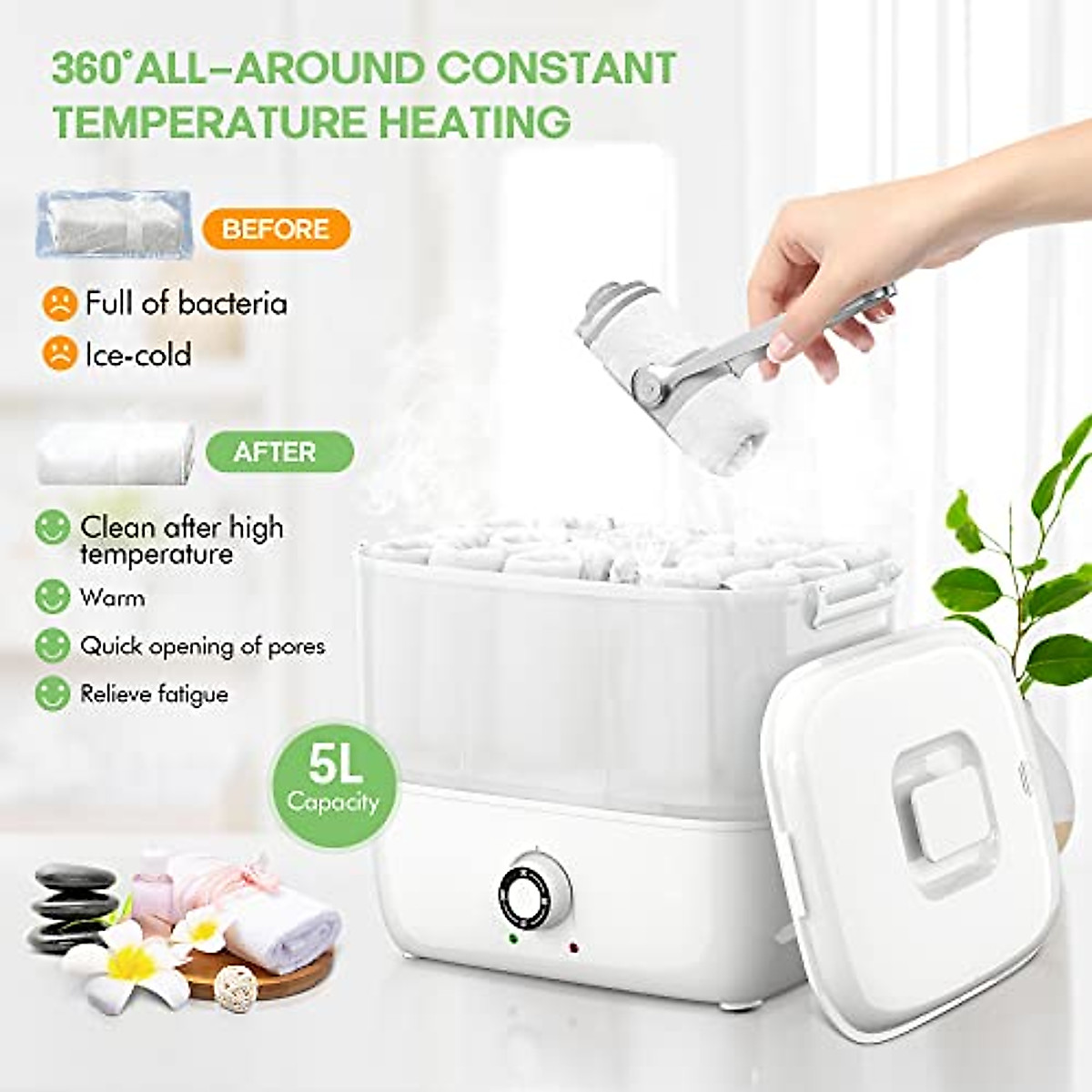 RyJaune 5L Capacity Hot Towel Steamer with Time Setting, White Towel Warmer Holds 15 Towels, Quick Heating Steam Towel Warmer for Home, Salon and Spa…