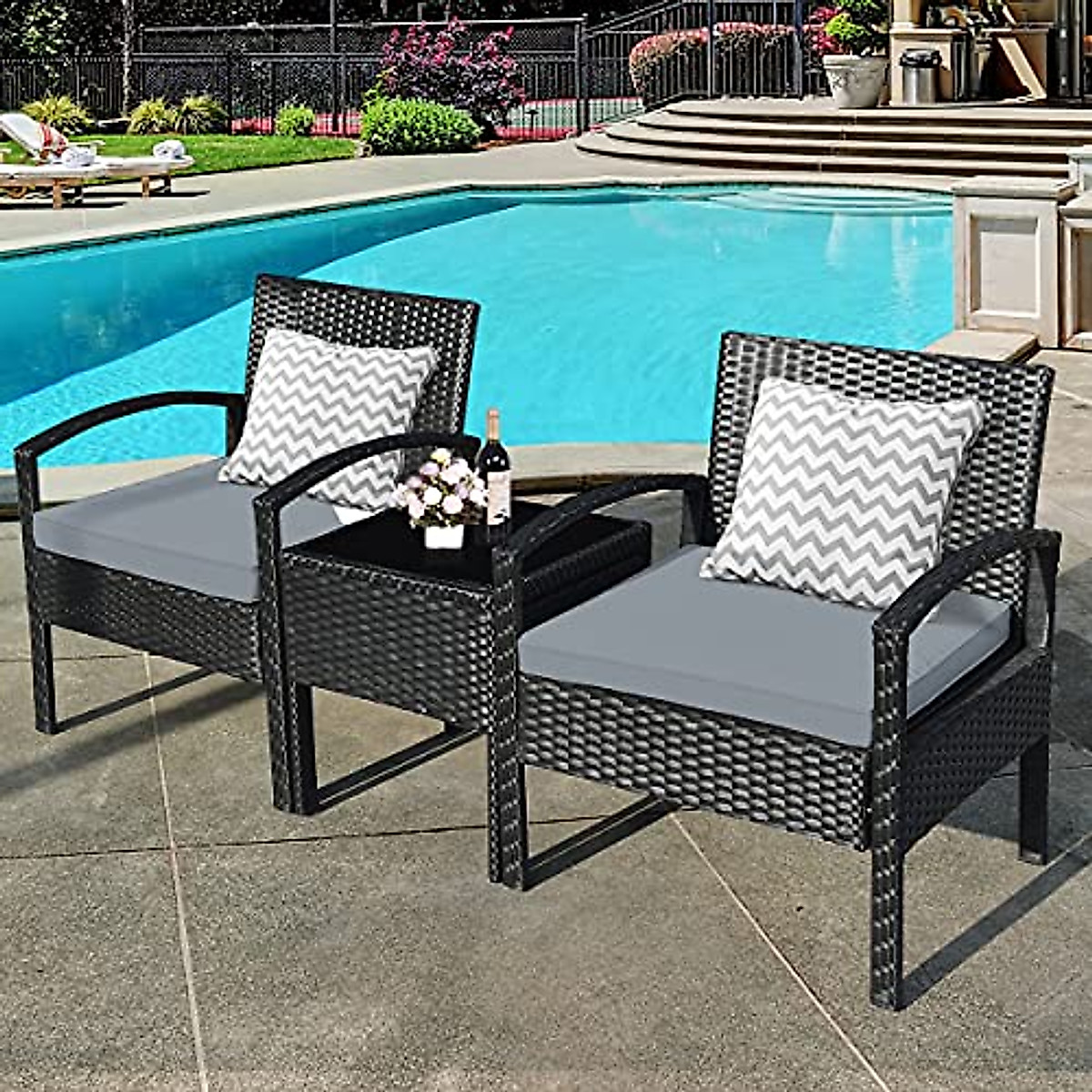 Tangkula 3 Piece Patio Conversation Set, Outdoor Rattan Sofa Set with Seat Cushions & Coffee Table, Patio Wicker Furniture Set for Garden Balcony Backyard Poolside (Grey)