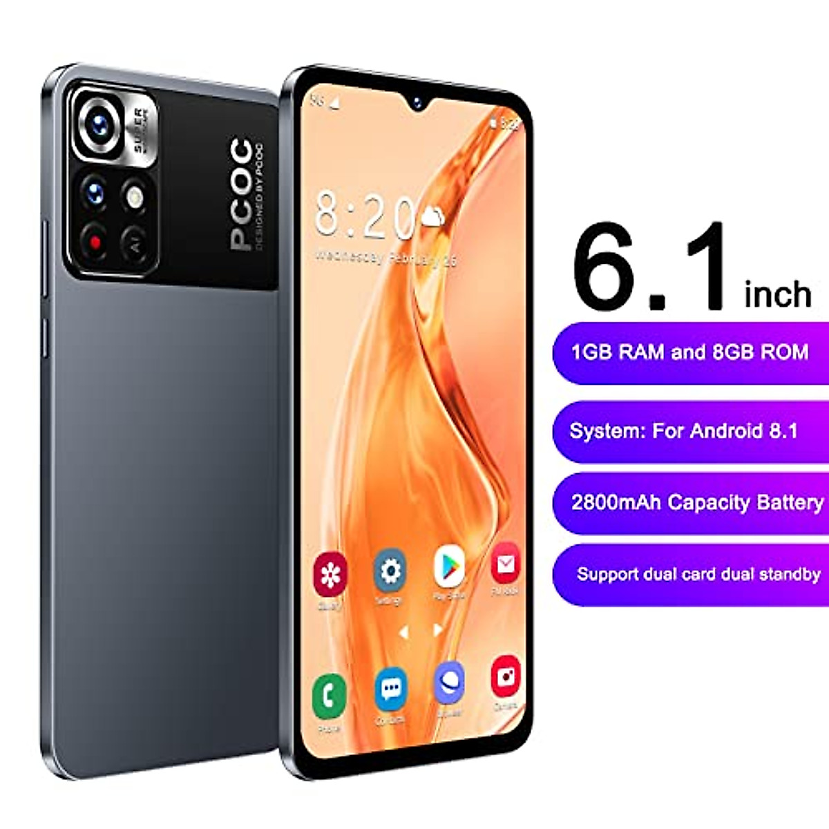 6.1 Inch Screen Smart Phone, Black Stylish Appearance M4 Pro Phone Ultra Thin for Daily Life (US Plug)