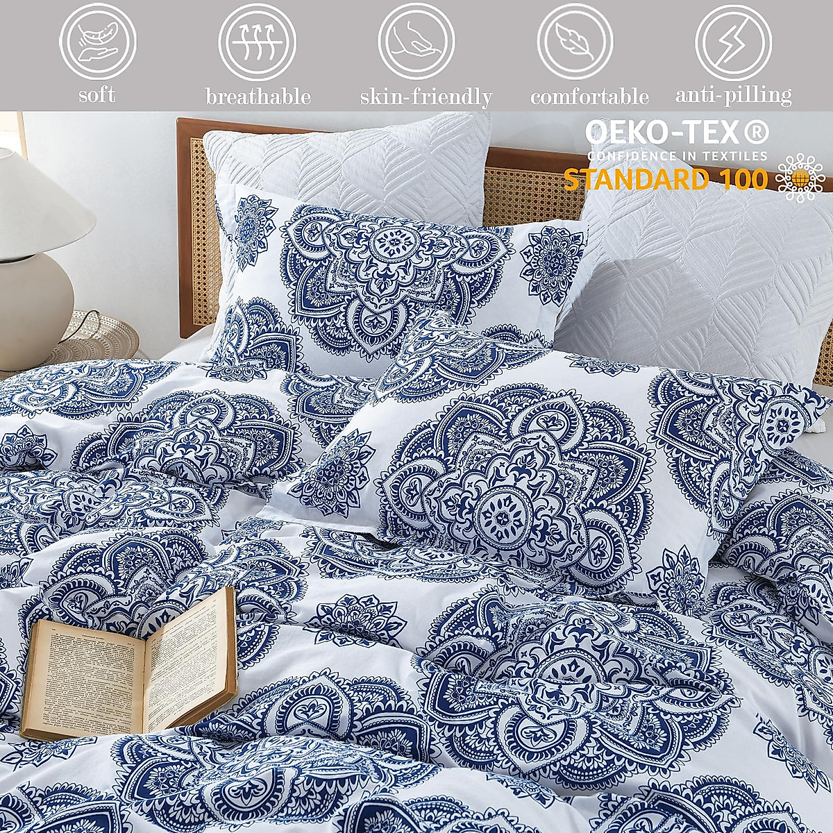 CozyQQ Cotton Duvet Cover King - 100% Cotton 400TC Winter Soft Royal Blue Floral Damask Paisley King Duvet Cover Set, 3 PCS King Duvet Cover with Zipper Closure (104x90, No Comforter)