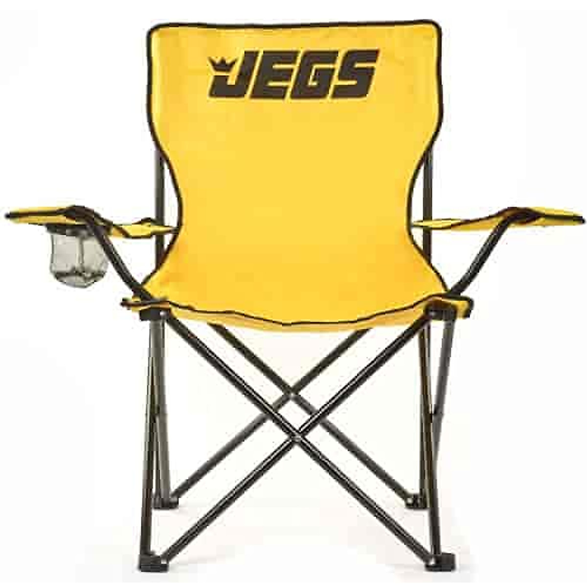 JEGS Folding Chair | Yellow Canvas with Black Logo | Black Powder Coated Frame | Capacity 250 LBS | Total Height 36” | Includes Mesh Cup Holder and Storage Bag with Strap