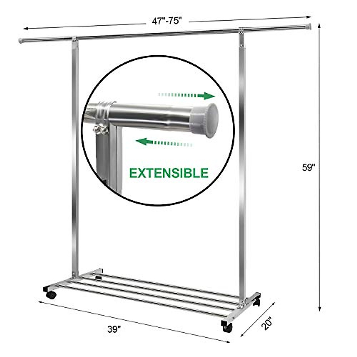 Heavy Duty Large Rolling Garment Rack Stainless Steel Clothes Hanging Rack Commercial Grade Clothes Drying Rack Hanger Extendable 47"-75" Adjustable Clothing Organizer w/Golves 4 Casters 10 Hook