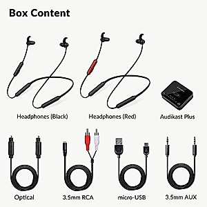 Avantree HT41866 Wireless Earbuds for TV Listening (Set of 2) with Bluetooth Transmitter, Individual Volume Control, 20Hrs Neckband Headphones, Plug & Play, No Audio Delay