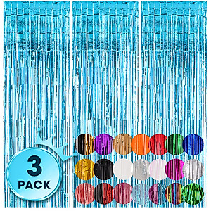 Voircoloria 3 Pack 3.3x8.2 Feet Light Blue Foil Fringe Backdrop Curtains, Tinsel Streamers Birthday Party Decorations, Fringe Backdrop for Graduation, Baby Shower, Gender Reveal, Disco Party