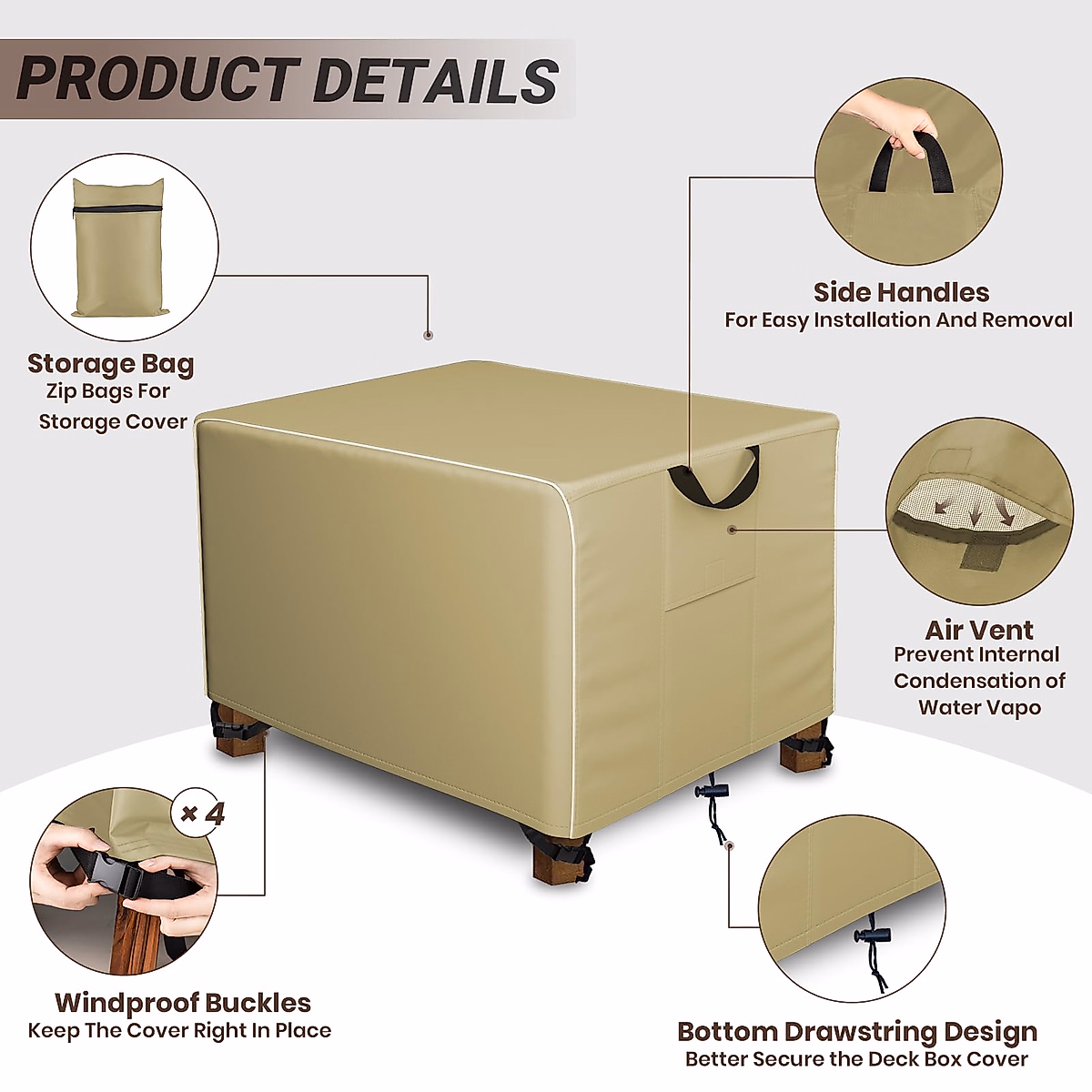 Velway Rectangle Patio Ottoman Cover - Waterproof Outdoor Furniture Cover for Side & End Table, Windproof Anti-UV Outdoor Ottoman Covers with Reflective Strips - 28" L x 22" W x 17" H, Camel